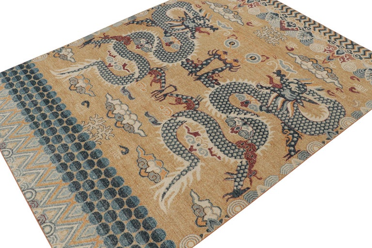 Rug and Kilim’s Distressed Style Rug in Gold, Blue, Red Dragon ...