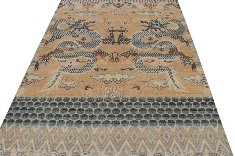 Rug and Kilim’s Distressed Style Rug in Gold, Blue, Red Dragon ...