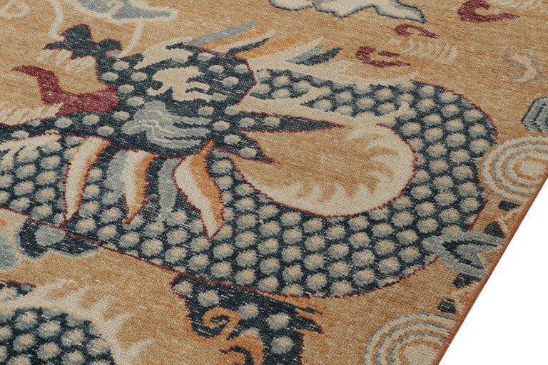 Rug and Kilim’s Distressed Style Rug in Gold, Blue, Red Dragon ...