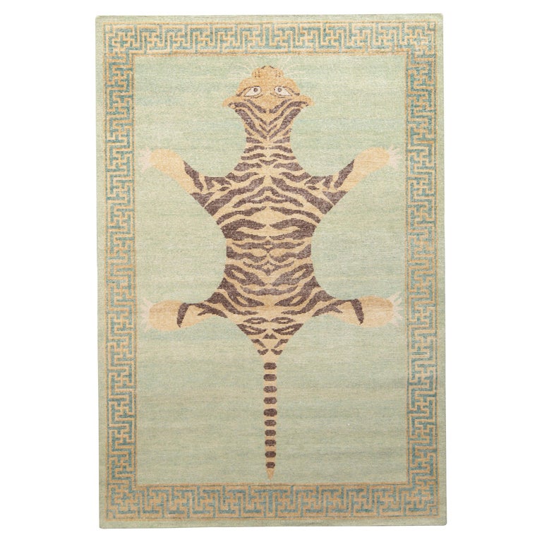 Rug and Kilim’s Distressed Style Tiger Rug in Green, Beige-Brown ...