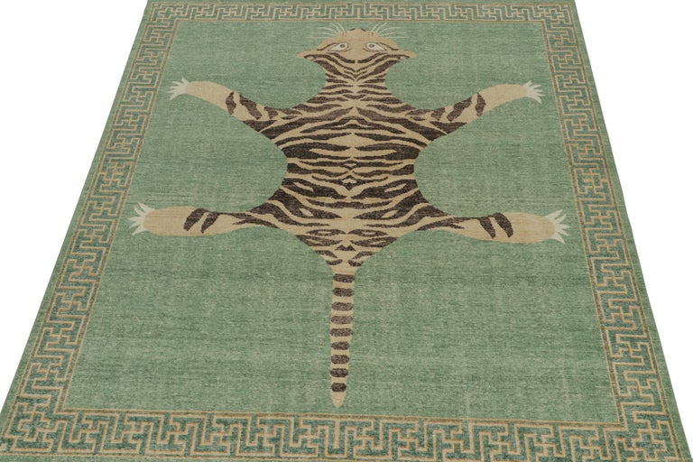 Rug and Kilim’s Distressed Style Tiger Skin Rug in Green, Beige and ...