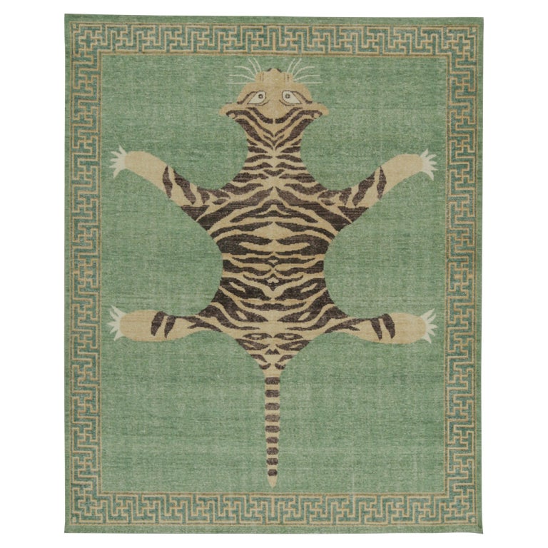 Rug and Kilim’s Distressed Style Tiger Skin Rug in Green, Beige and ...