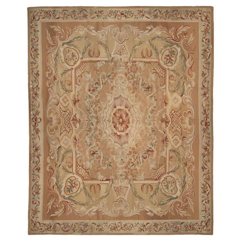 Rug and Kilim’s European Style Aubusson Rug in Brown and Green Floral ...