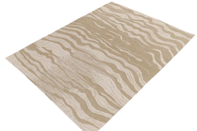 Rug and Kilim's Hand-Knotted Abstract Rug in Beige-Brown Wavy Stripes ...