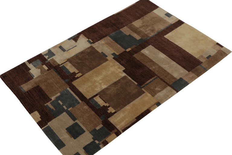Rug and Kilim's Hand Knotted Art Deco Rug Beige Brown Blue Cubist ...