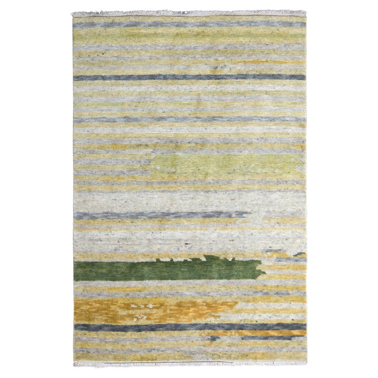 Rug and Kilim’s Abstract Rug In Green, Gray And Gold Striations For ...