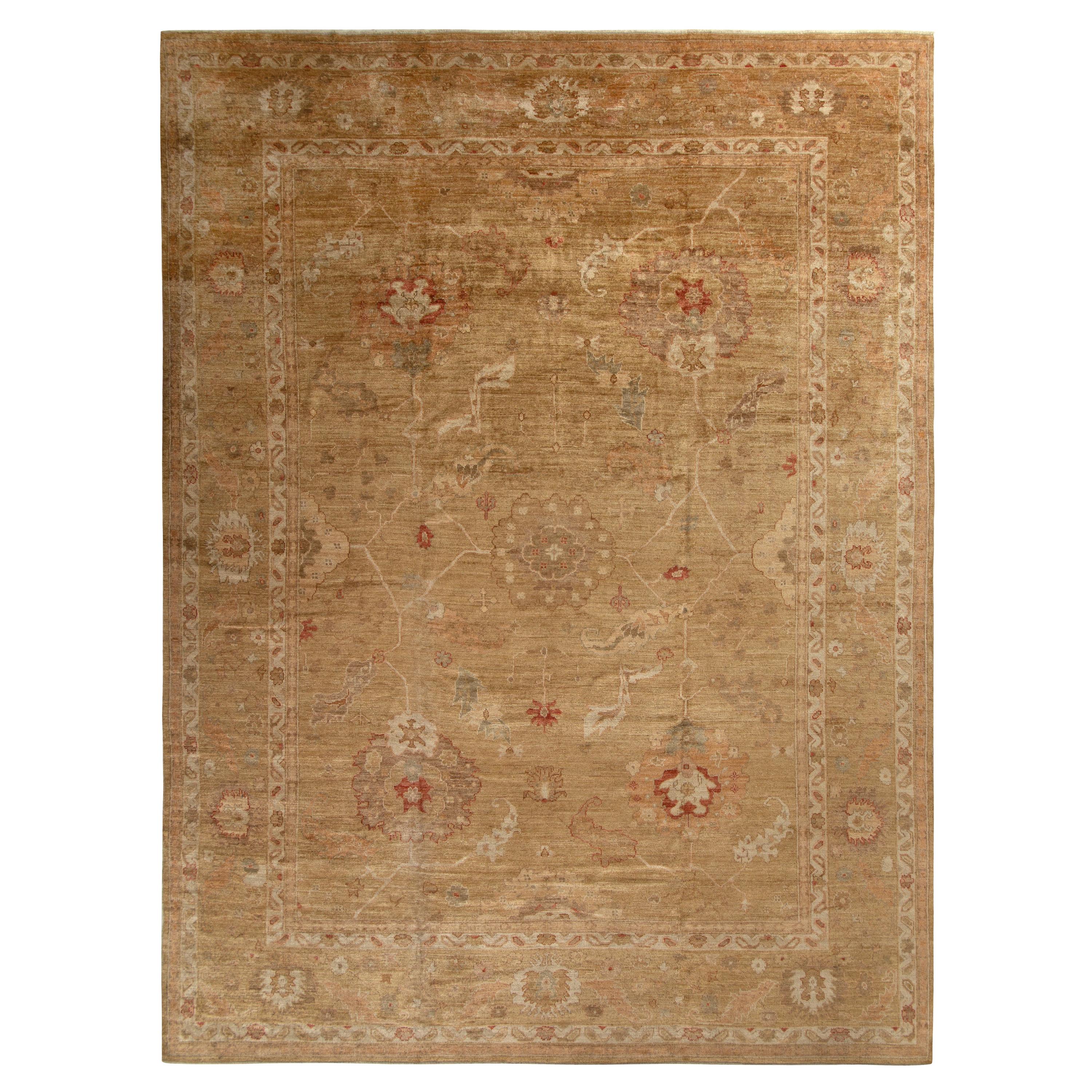 Hand-Knotted Antique Oushak Rug in Pink and Beige-Brown Floral Pattern ...