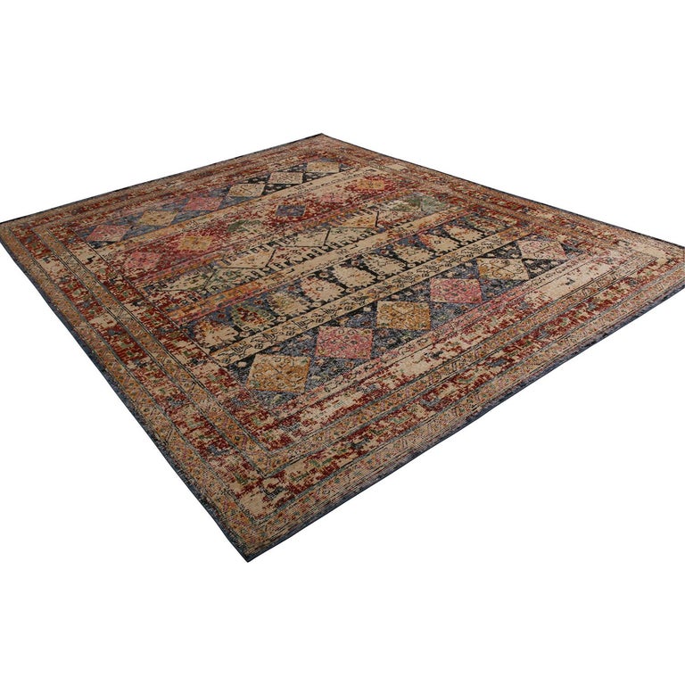 Rug and Kilim’s Homage Geometric Beige-Brown and Blue Wool Custom Rug ...