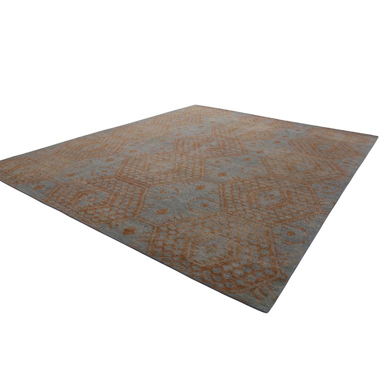 Rug and Kilim’s Homage Geometric Brown and Blue Wool Custom Rug For ...