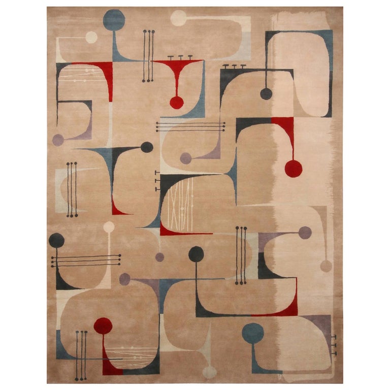 Rug and Kilim’s Mid-Century Modern Geometric Beige Red and Blue Wool ...