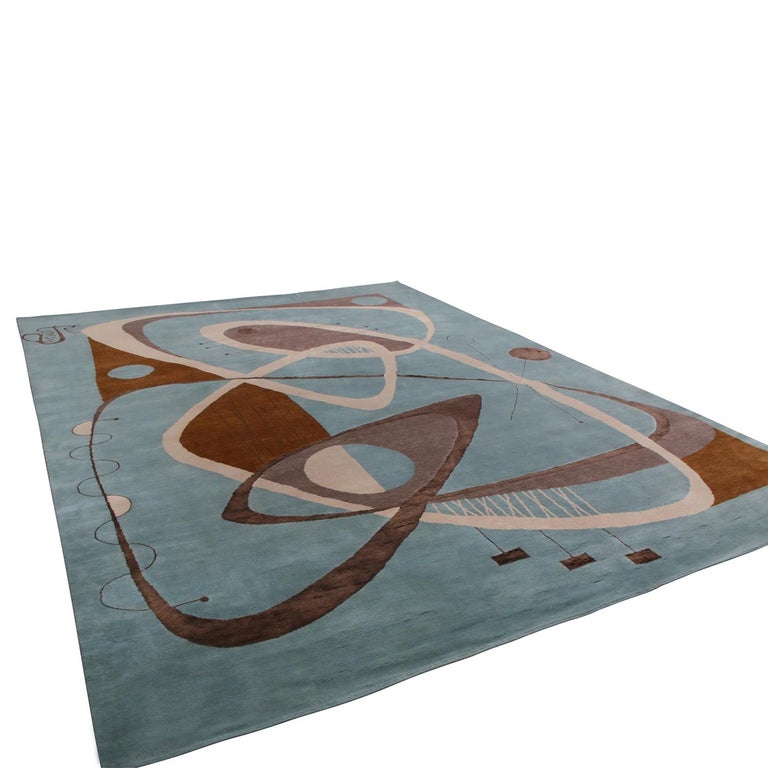Rug and Kilim’s Mid-Century Modern Geometric Blue/Brown Wool and Silk ...