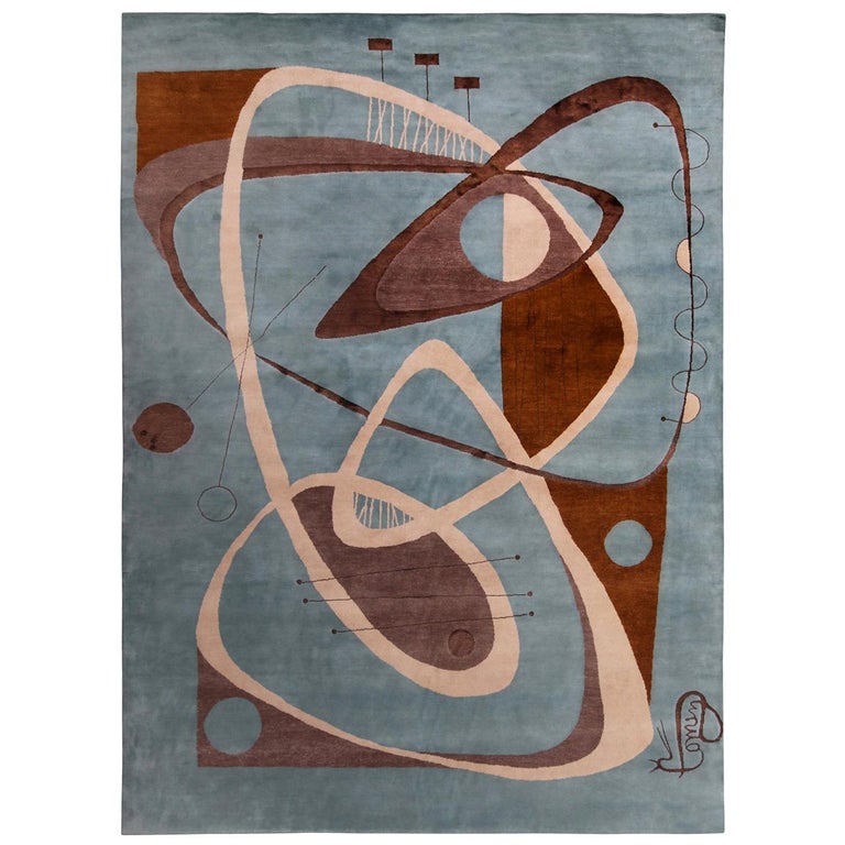 Rug and Kilim’s Mid-Century Modern Geometric Blue/Brown Wool and Silk ...