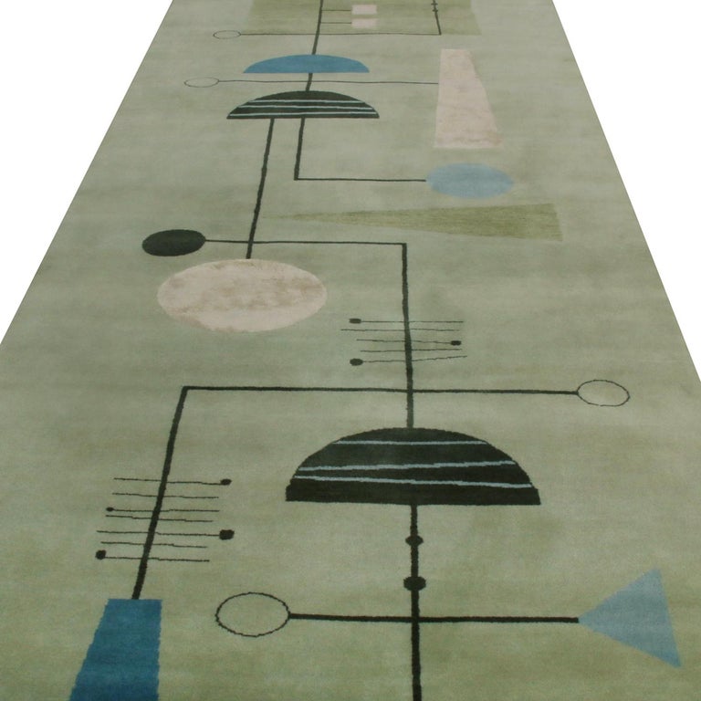 Rug and Kilim’s Mid-Century Modern Geometric Green Black and Blue Wool ...