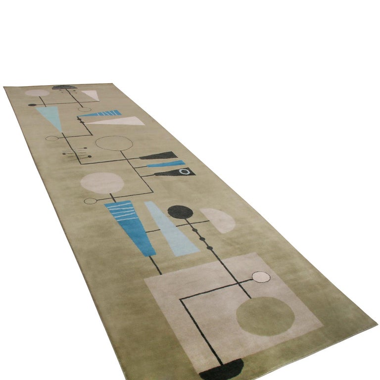 Rug and Kilim’s Mid-Century Modern Style Art Rug, Green, Blue Atomic ...