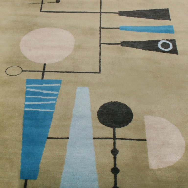 Rug and Kilim’s Mid-Century Modern Style Art Rug, Green, Blue Atomic ...