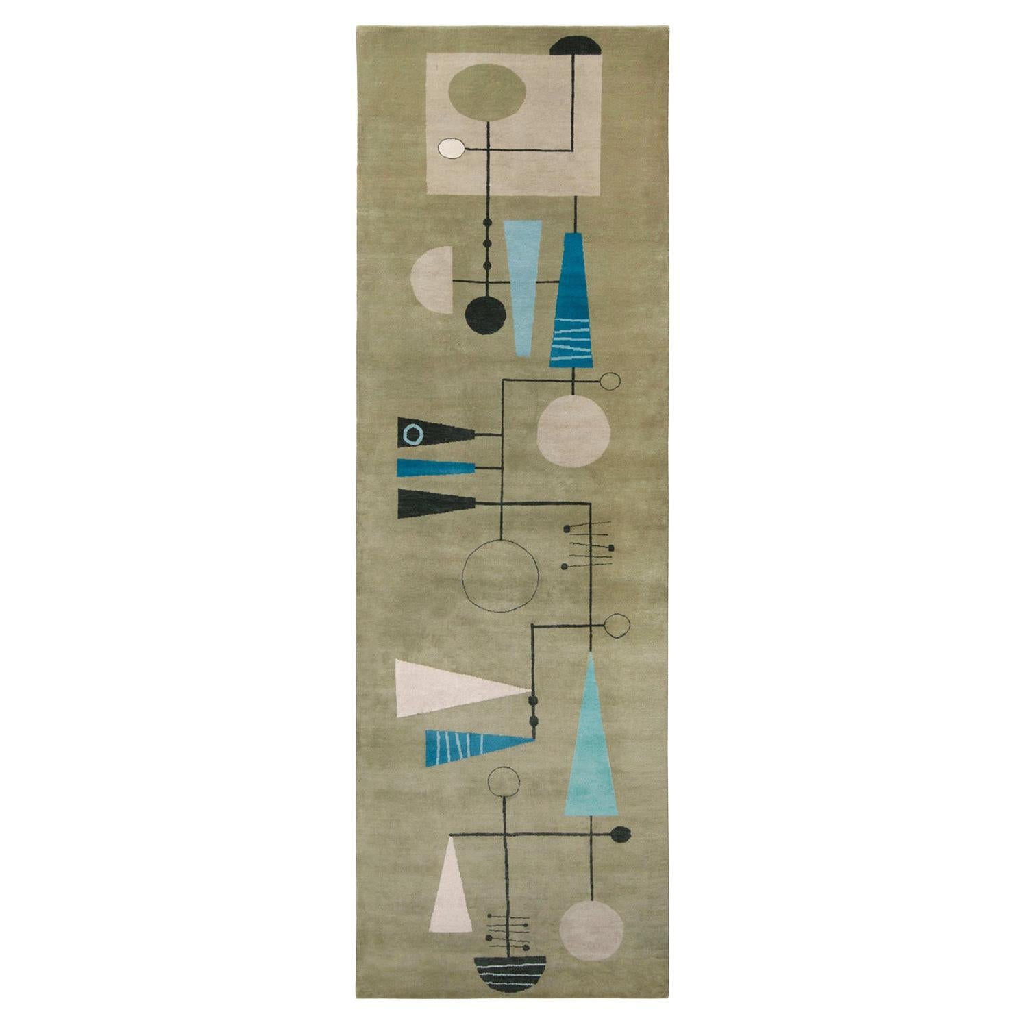 Rug and Kilim’s Mid-Century Modern Style Art Rug, Green, Blue Atomic ...