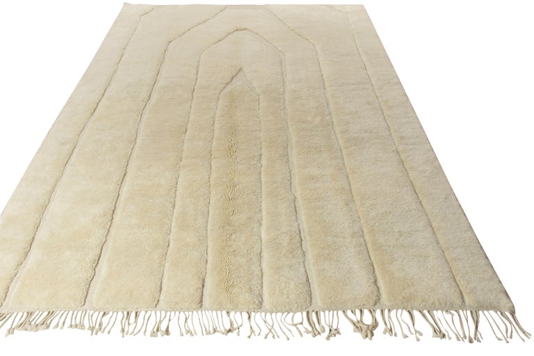 Rug and Kilim’s Moroccan Rug in Beige-White, High-Low Geometric Pattern ...