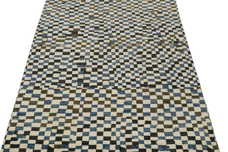Rug and Kilim’s Moroccan Style Rug in White, Blue and Brown Checkered ...