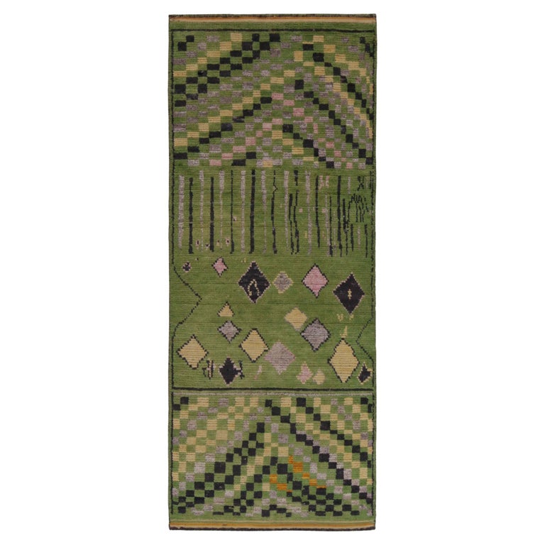 Rug and Kilim’s Moroccan Style Runner in Green with Polychromatic ...