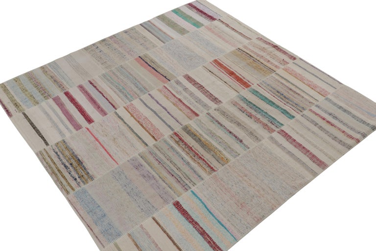 Rug and Kilim’s Patchwork Kilim Square Rug in Polychromatic Stripes For ...