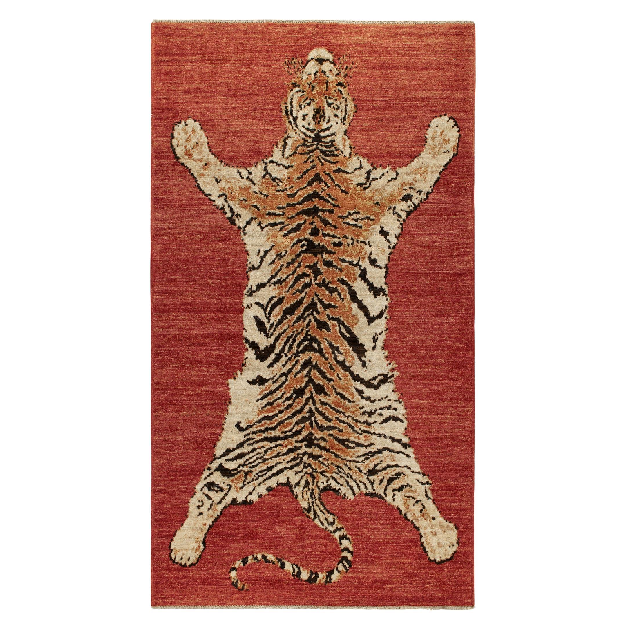 Rug and Kilim’s Pictorial Tiger Skin Rug in Red, Beige-Brown and Orange ...