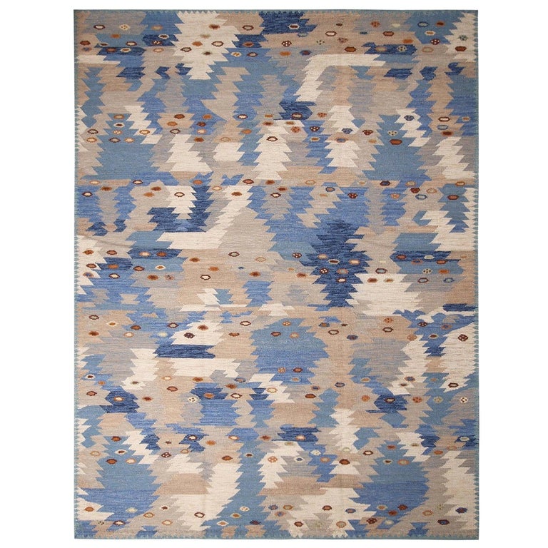 Rug and Kilim’s Scandinavian-Inspired Tribal Brown and Blue Wool Pile ...