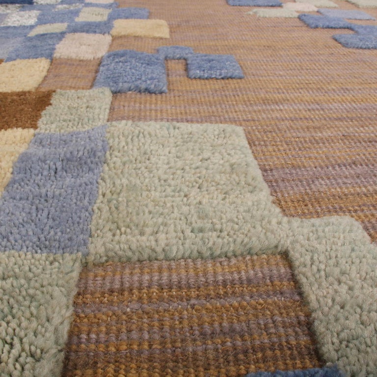 Rug and Kilim’s Scandinavian Style Geometric Beige Brown and Blue Wool ...