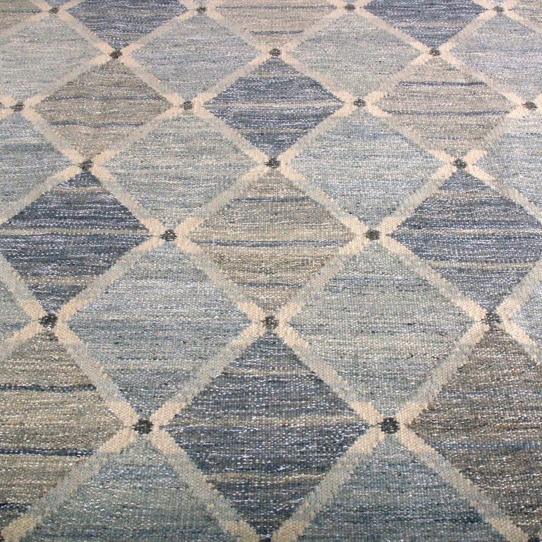 Rug and Kilim’s Scandinavian Style Geometric Diamond Gray and Blue Wool ...