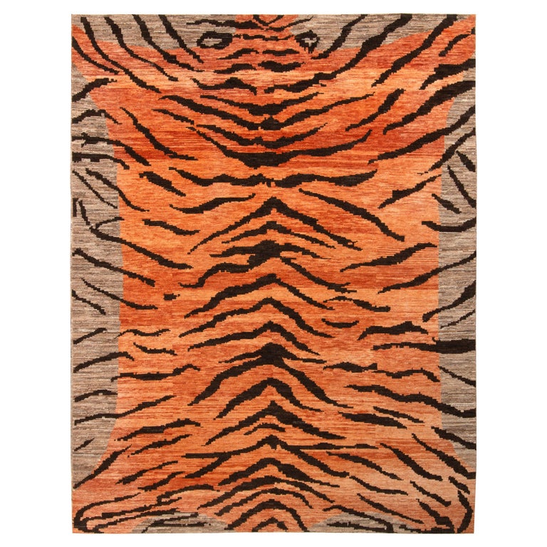 Rug and Kilim’s Tiger Rug in Orange, Beige-Brown and Black Pelt Pattern ...