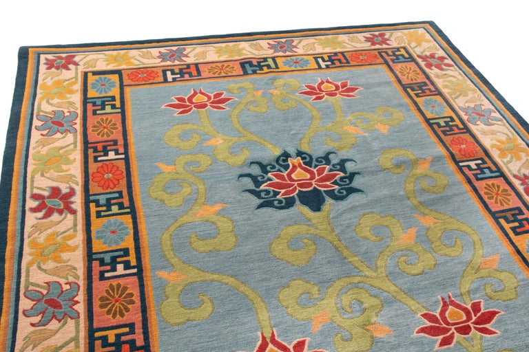 Rug and Kilim’s Traditional Blue and Golden-Beige Nepalese Wool Rug ...