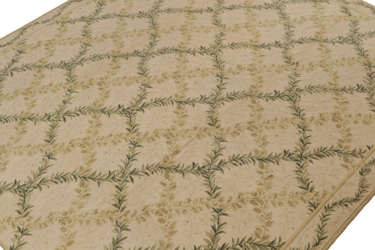 Rug and Kilim’s Tudor Style Flat Weave in Green and Cream Trellis ...