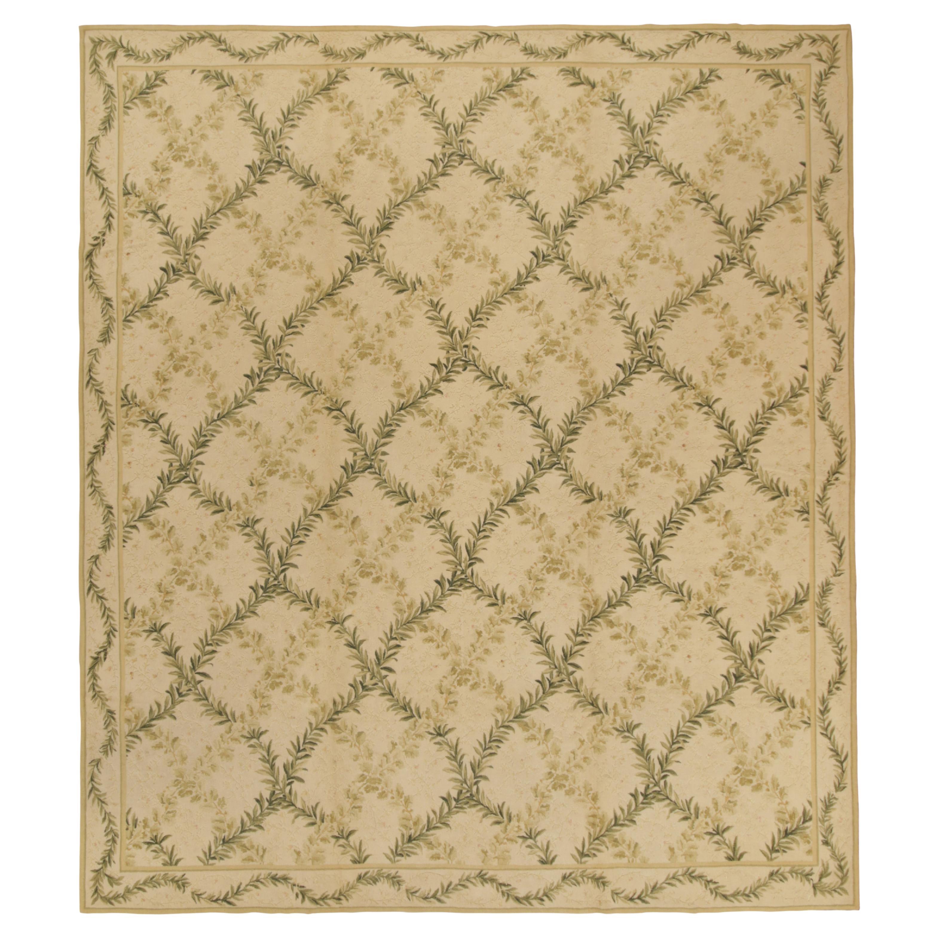 Rug and Kilim’s Tudor Style Flat Weave in Green and Cream Trellis ...