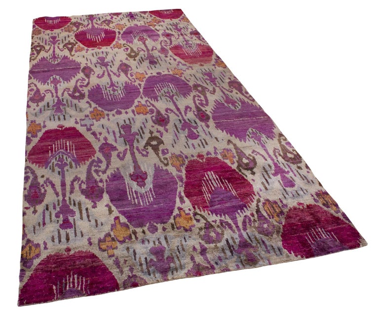 Pink Fuchsia Purple Lilac Oat Silver Beige Ikat Natural Silk Woven Rug ...