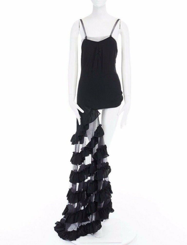 runway ALEXANDER MCQUEEN SS99 black asymmetric ruffle train top maxi ...
