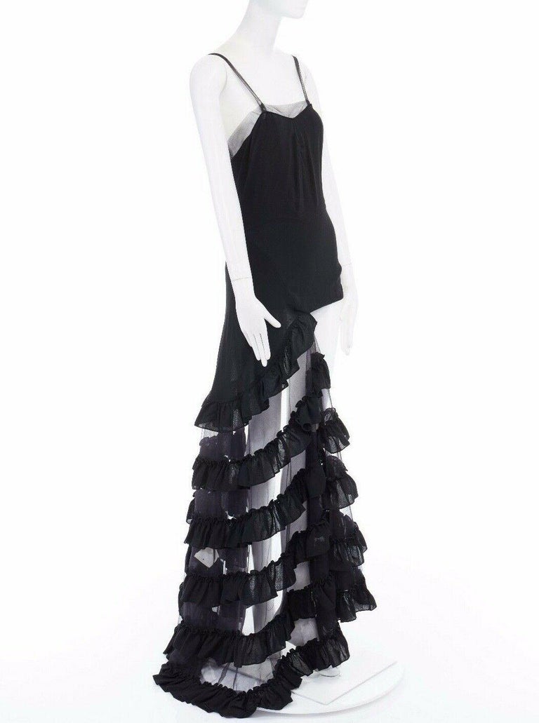 runway ALEXANDER MCQUEEN SS99 black asymmetric ruffle train top maxi ...