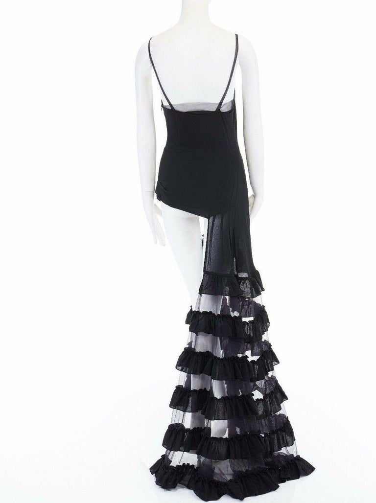 runway ALEXANDER MCQUEEN SS99 black asymmetric ruffle train top maxi ...