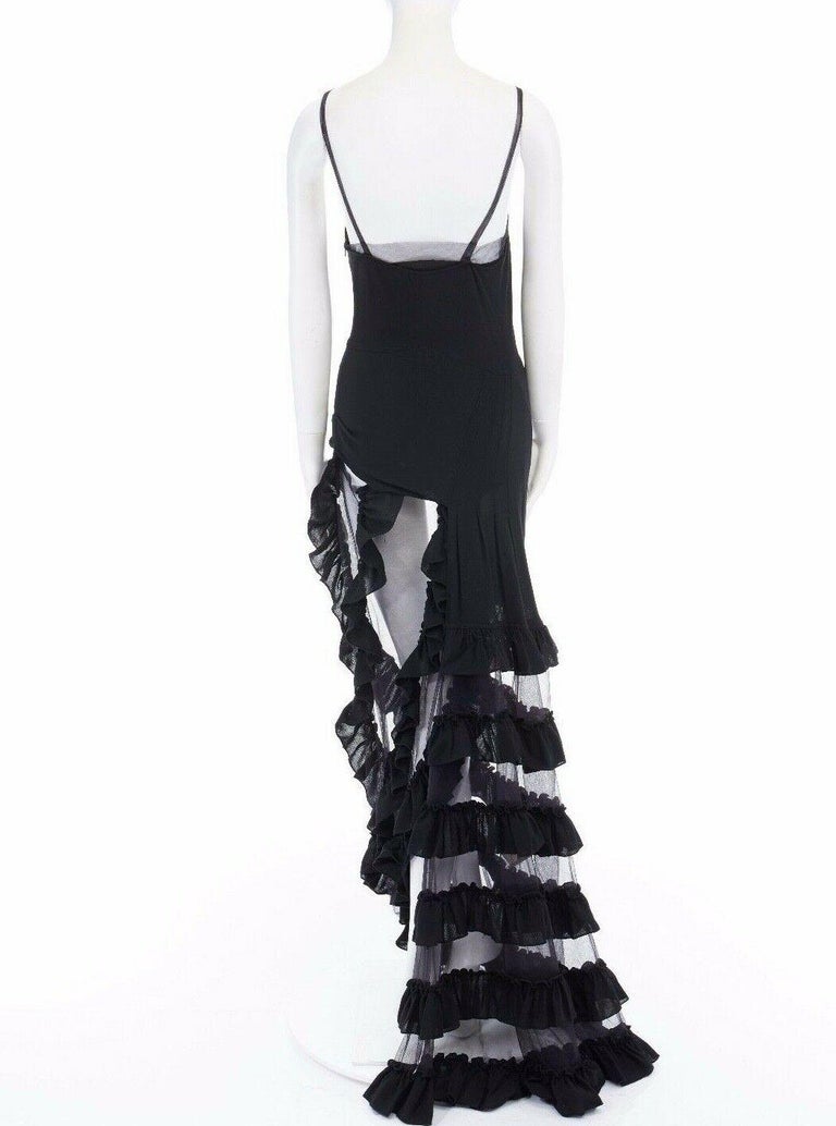runway ALEXANDER MCQUEEN SS99 black asymmetric ruffle train top maxi ...