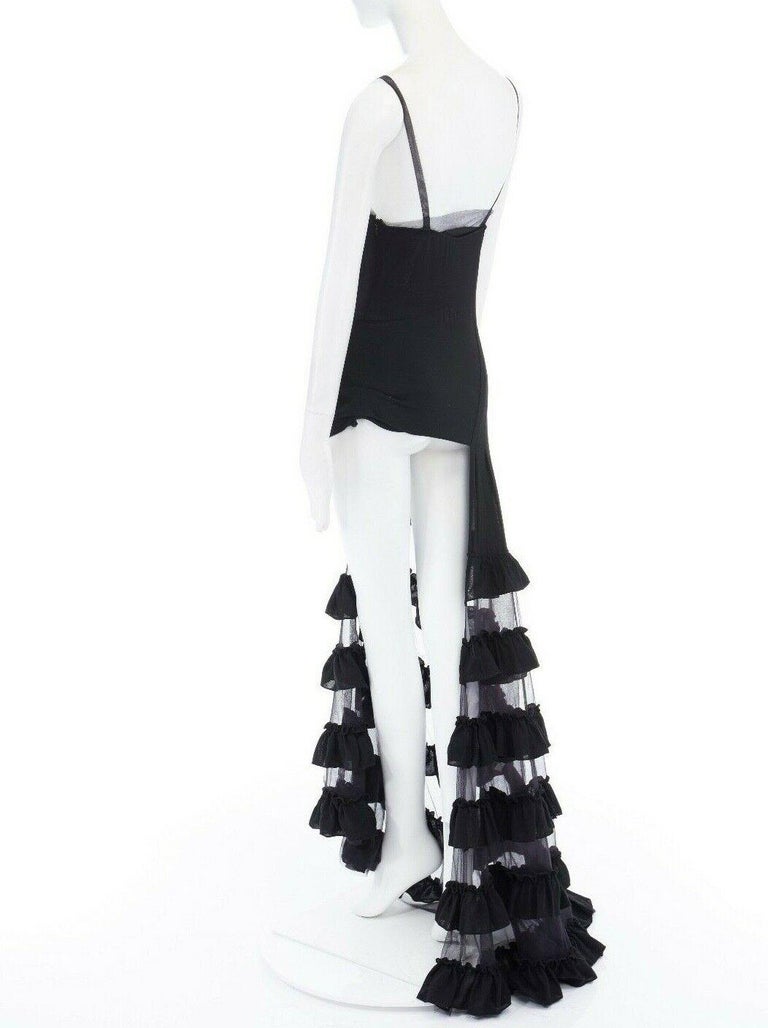 runway ALEXANDER MCQUEEN SS99 black asymmetric ruffle train top maxi ...