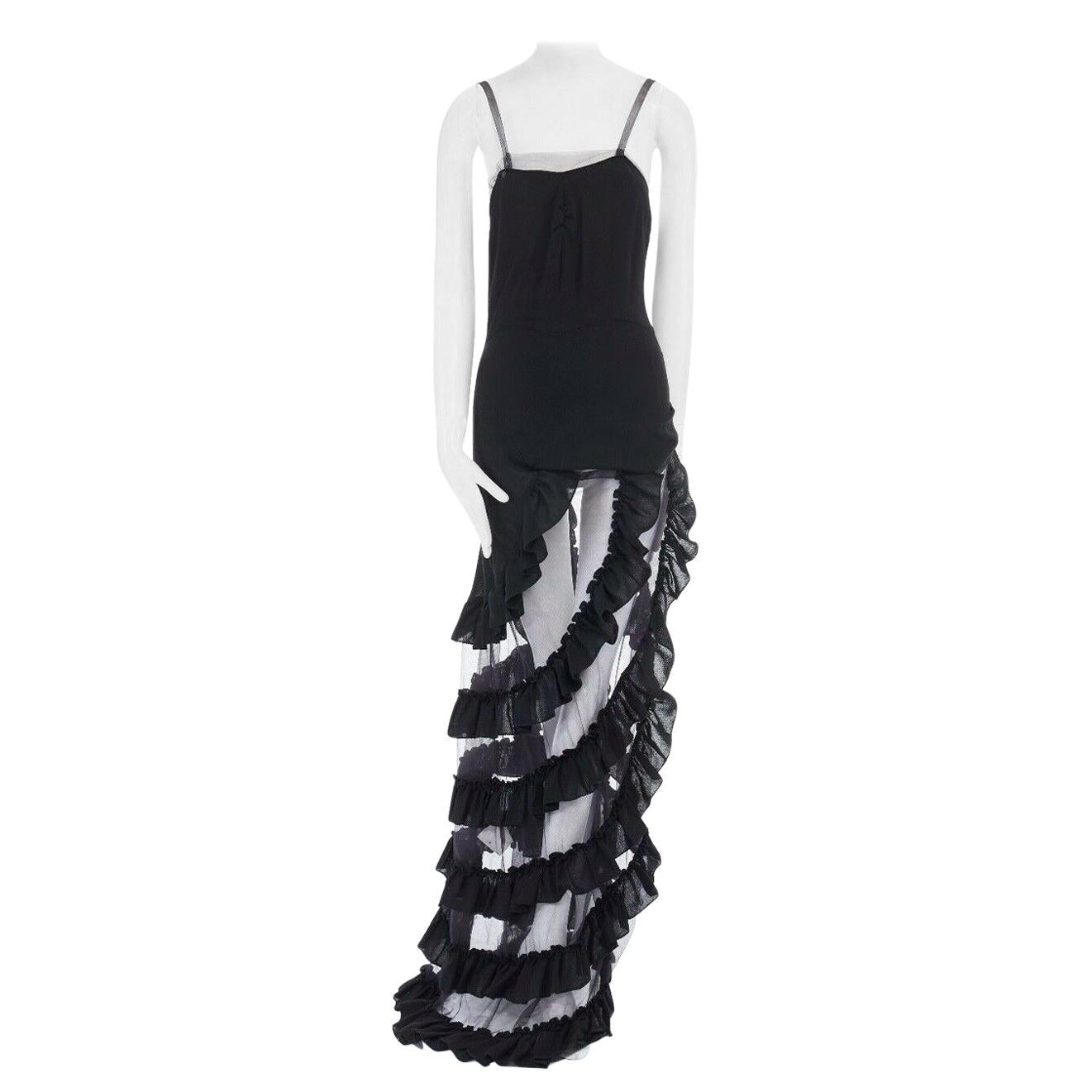 runway ALEXANDER MCQUEEN SS99 black asymmetric ruffle train top maxi ...