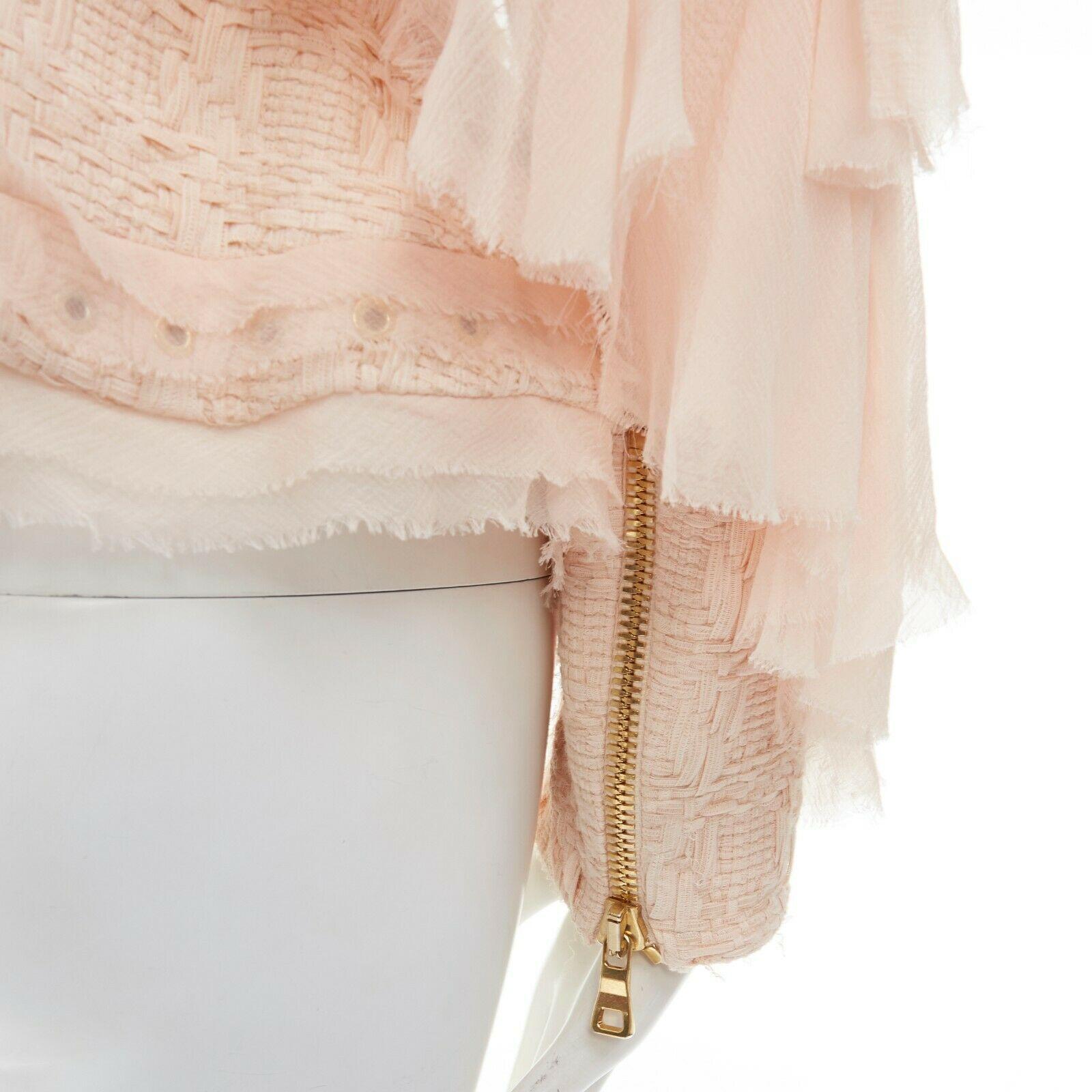 runway BALMAIN 2018 pink knit ruffle trimmed zip detached hem biker ...