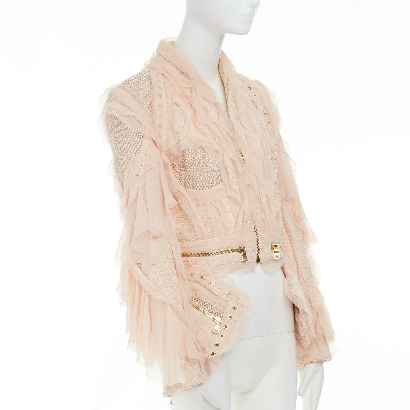 runway BALMAIN 2018 pink knit ruffle trimmed zip detached hem biker ...