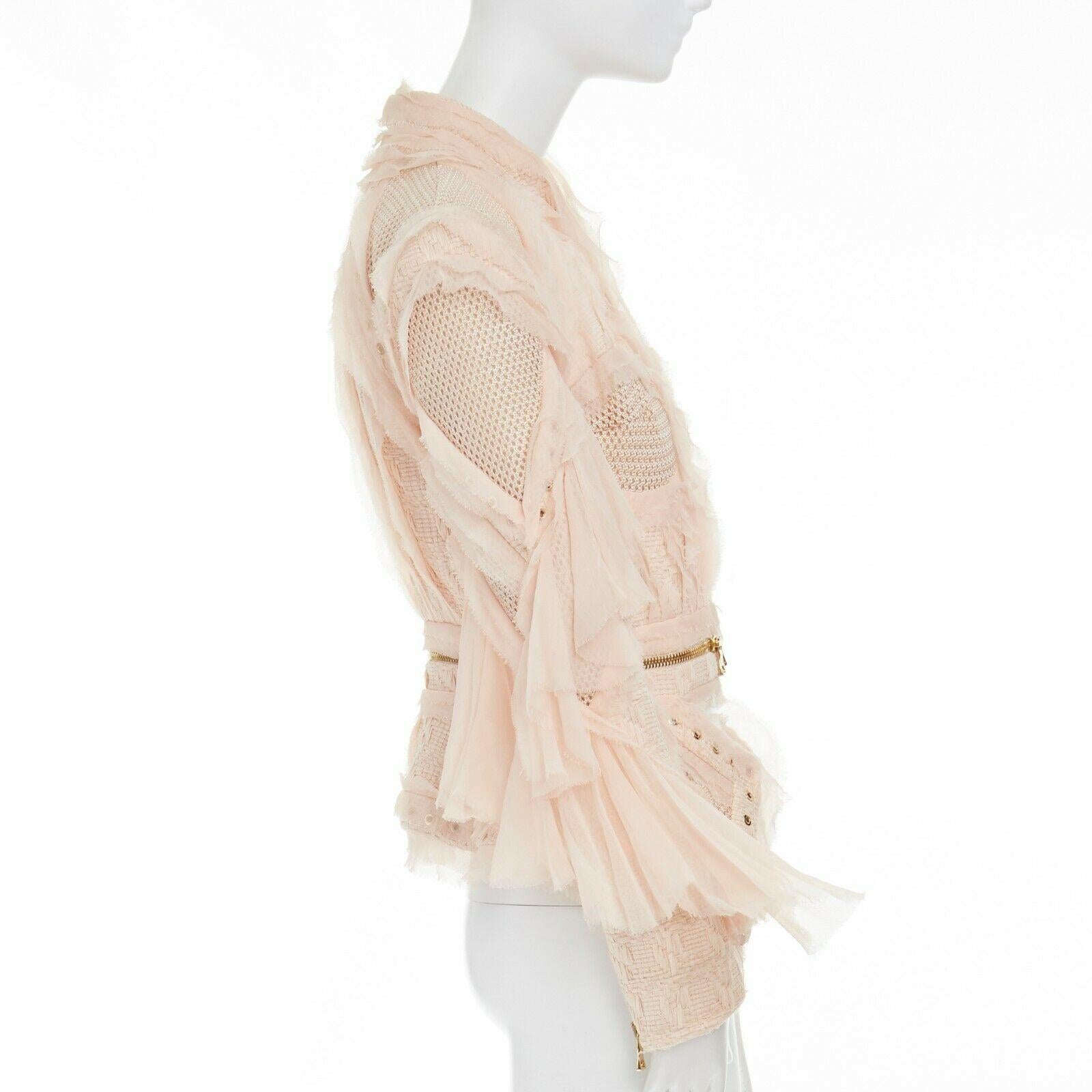 runway BALMAIN 2018 pink knit ruffle trimmed zip detached hem biker ...