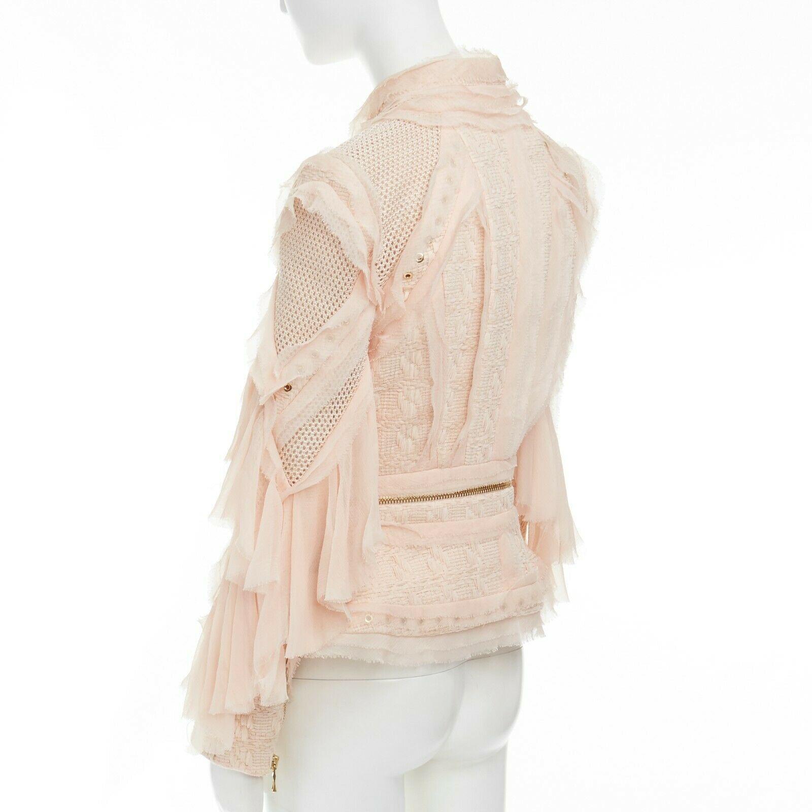 runway BALMAIN 2018 pink knit ruffle trimmed zip detached hem biker ...