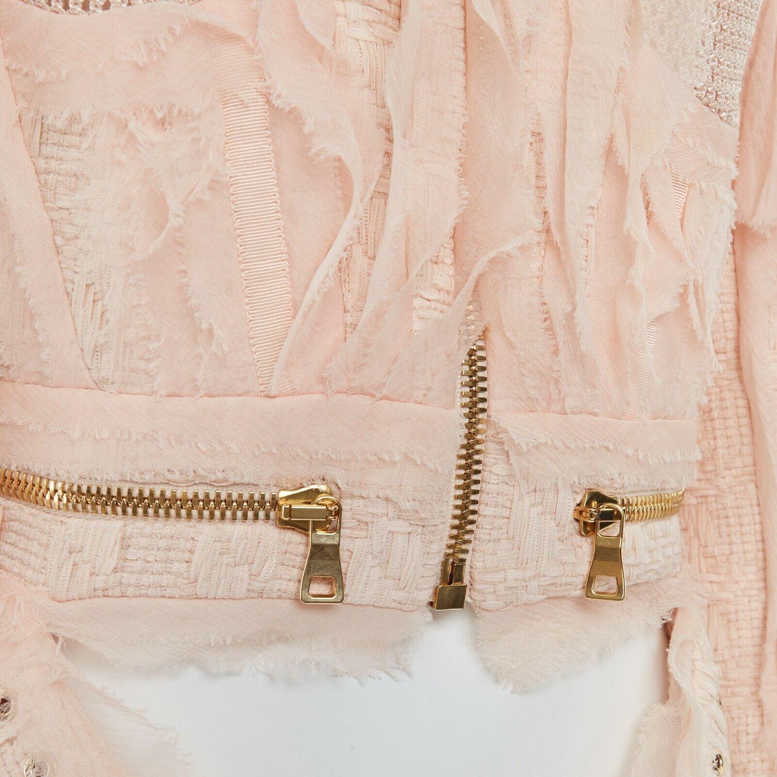 runway BALMAIN 2018 pink knit ruffle trimmed zip detached hem biker ...