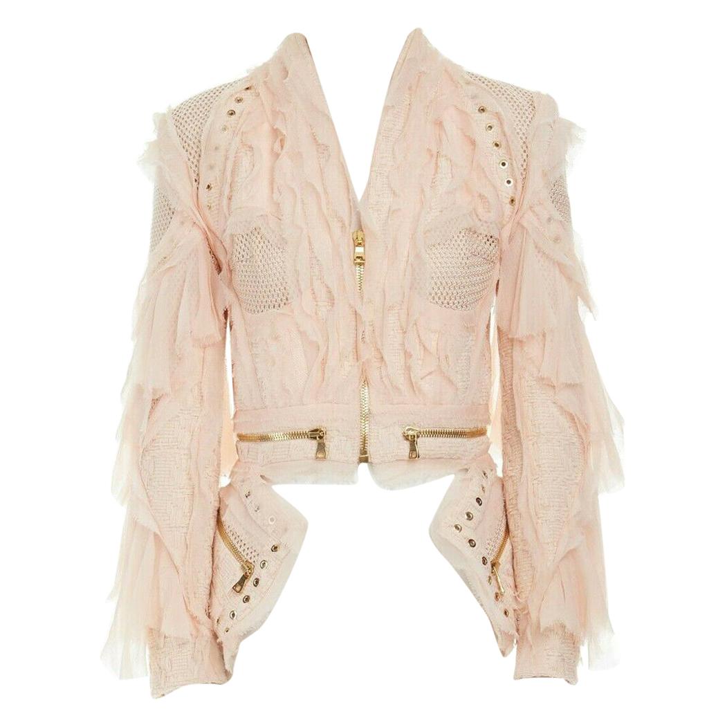 runway BALMAIN 2018 pink knit ruffle trimmed zip detached hem biker ...