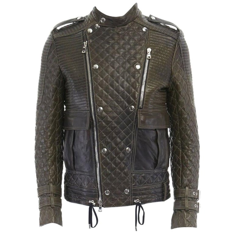 runway BALMAIN ROUSTEING green quilted leather motorcycle biker jacket ...