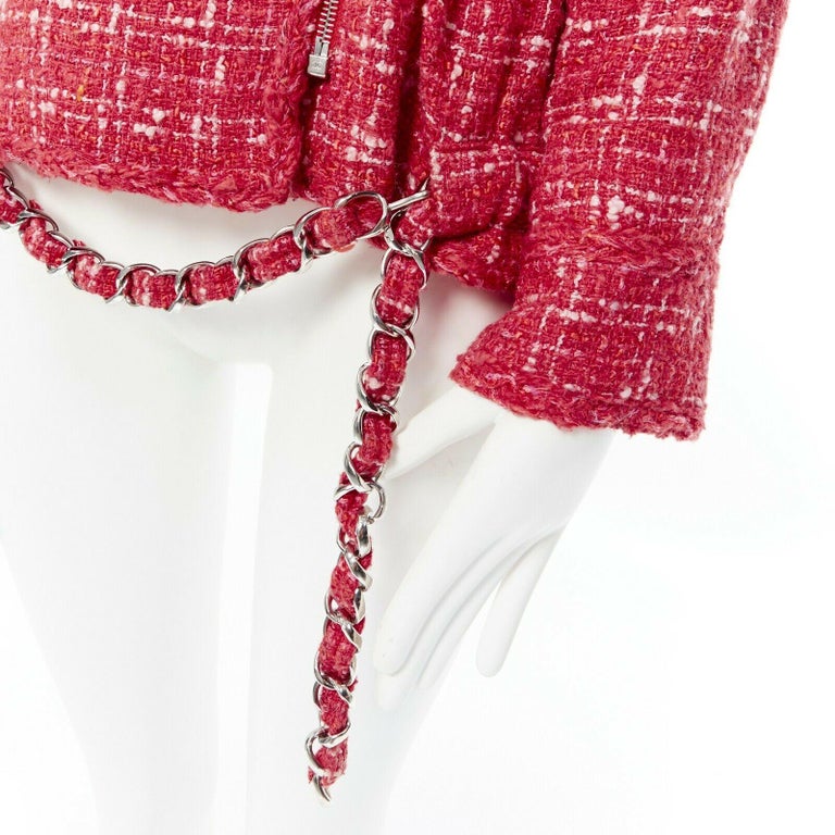runway CHANEL 06P red pink checker tweed biker jacket braided chain ...