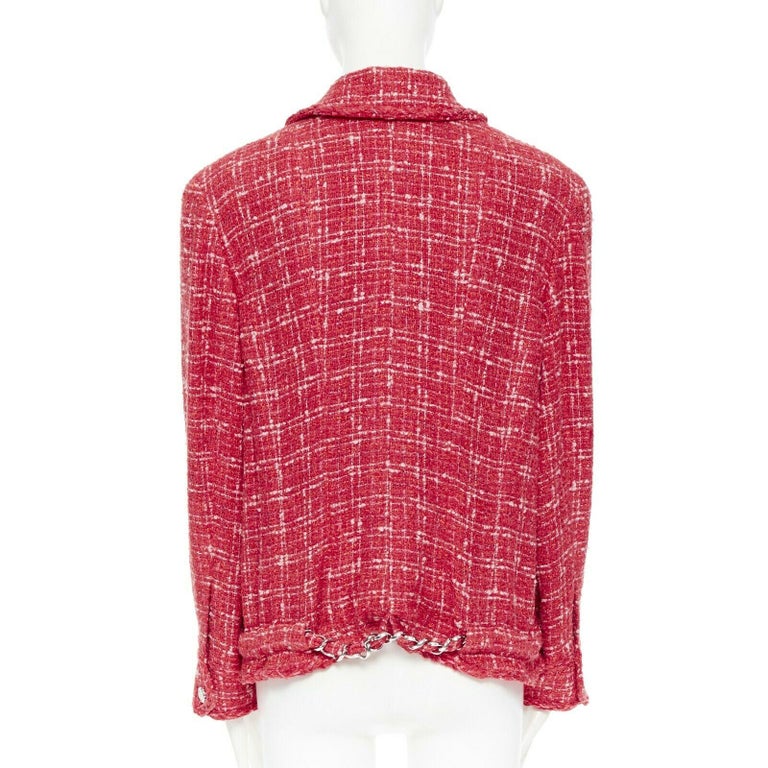 runway CHANEL 06P red pink checker tweed biker jacket braided chain ...