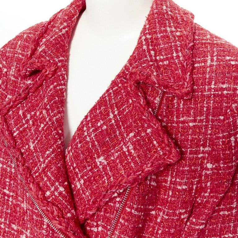 runway CHANEL 06P red pink checker tweed biker jacket braided chain ...