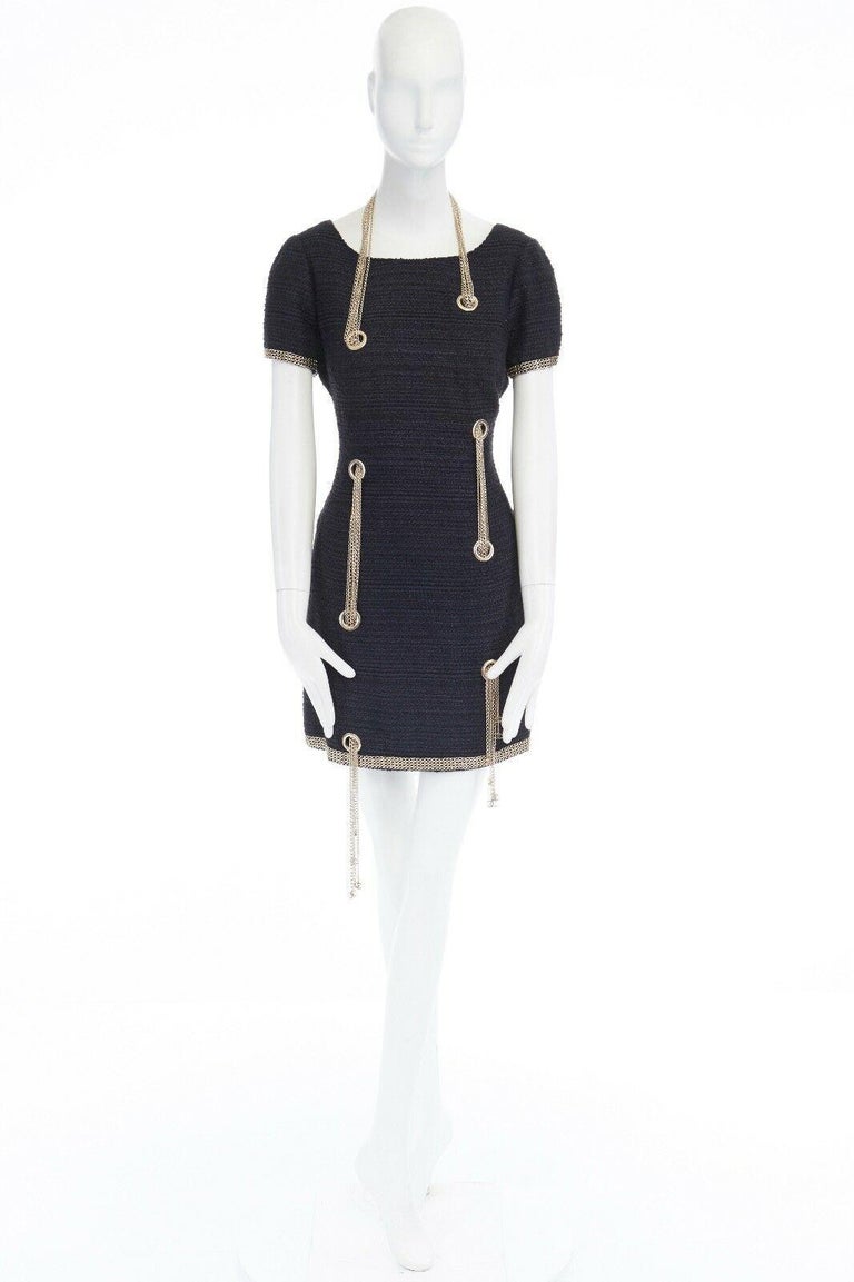 runway CHANEL 08P black tweed gold chain embellished dress LBD FR42 ...